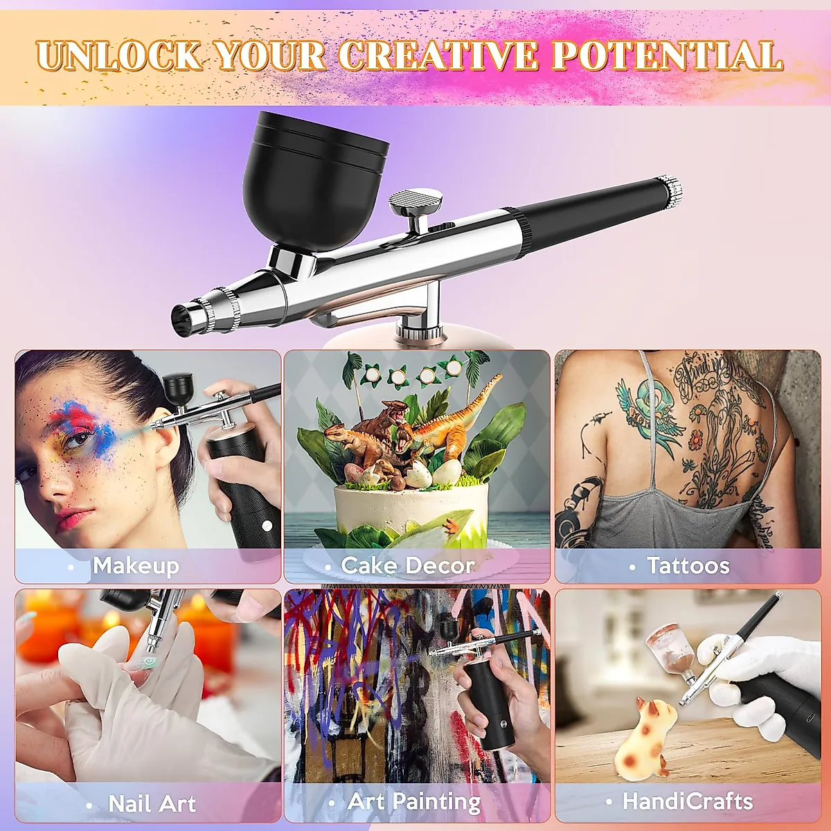 Uthlusty Cordless Airbrush Kit, Airbrush Kit with 0.3mm Tip, Handheld Rechargeable Air Brush with Compressor for Makeup, Nailart, Painting, Cake, Cookie, Model