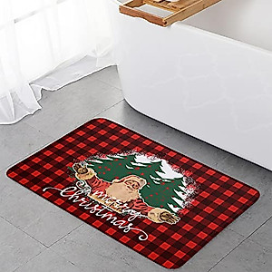 Christmas Bath Rugs Santa Claus Xmas Trees Sponge Doormat Absorbent Non Slip Backing Durable Soft Flannel Mat Red Black Buffalo Plaid Christmas Memory Foam Mats for Bathroom Kitchen 18 x 30 inches