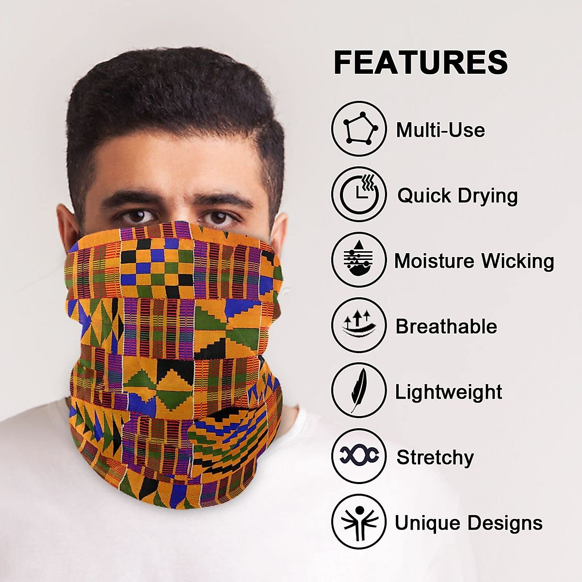 High Elastic Neck Gaiter, Magic Scarf, Bandana, Balaclava,Ghana Kente Cloth Headband for Cycling, Fishing, Motorcycling, Running, Skateboarding, Moisture Wicking Headwear