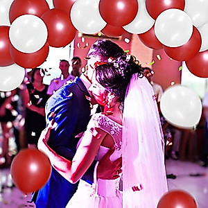Red and White Balloons, 50pcs 12 Inch Latex Pearlized White and Burgundy Red Balloons, White and Maroon Balloons for Valentine's Day Party Supplies Decoration