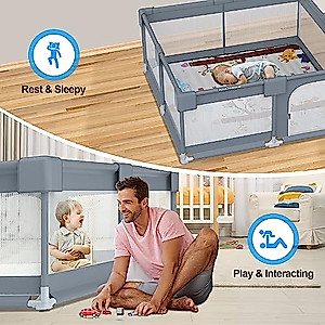 Baby Playpen with Mat Included - KIDLEBEE 50” x 50” Kids Play Pen Toddler Safety Play Yard Infant Fence Indoor Activity Center with Soft Breathable Mesh, Anti-Slip Base, Zipper Gate (Gray)