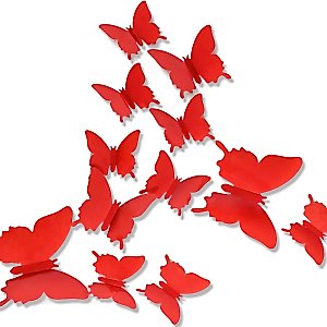 24Pcs 3D Butterfly Removable Mural Stickers Wall Stickers Decal for Kids Girls Baby Women Bedroom Bathroom Living Room Decor(red)