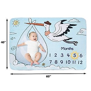 Baby Monthly Milestone Blanket Stork Carrying Baby Newborn Month Flannel Fleece Blanket Neutral Unisex Baby Boy Baby Girl Shower Gifts Double Sided Star 60" L x 40" W