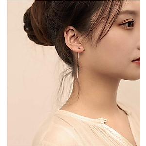 Minimalist Threader Bar Earrings for Women Girls S925 Sterling Silver Charm Long Tassel Chain Drop Dangling Simple Wire Thread Piercing Ear Stud Hypoallergenic Fashion Chic Earring (Silver)