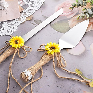 ATAILOVE Rustic Style Cake Cutting Set for Wedding, Burlap Sunflower Stainless Steel Wedding Cake Knife and Serving Set for Wedding, Birthdays, Babay Shower, Parties