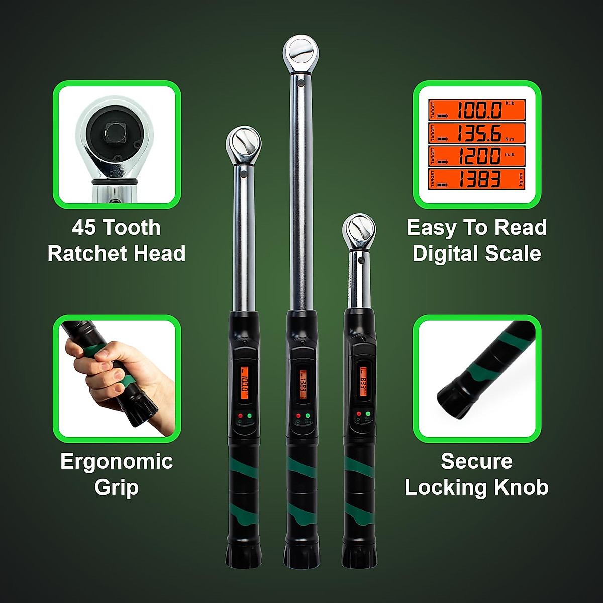 eTORK - Click-Style Torque Wrench | 3/8 Torque Wrench | 100 lbs Torque Wrench | Auto Torque Wrench | Electronic Scale Torque Wrench 3/8 Drive | Range: 10-100 ft.-lb./13.6-135.6 N.m