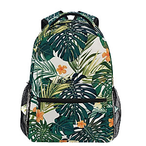Oarencol Tropicalsummer Hawaiian Flower Palm Leaves Orange Floral Backpacks Bookbags Daypack Travel School College Bag for Womens Girls Mens Boys Teens