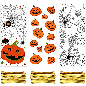 Boao 150 Pcs Halloween Cellophane Treat Bags Clear Plastic Candy Bags with 150 Twist Ties 11 Inch Pumpkin Spider Web Halloween Goodie Bags for for Snacks Cookies Gift Kids Halloween Party Favor