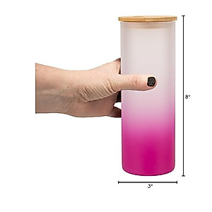 Elanze Designs 25 oz Blank Gradient Frosted Glass Travel Tumbler With Straw & Bamboo Lid For Iced or Hot Beverage, Magenta Pink Ombre