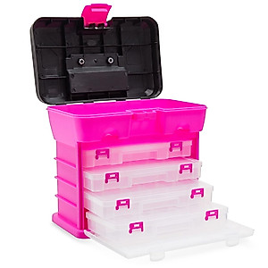 Juvale Pink Tackle Box for Women, 4 Drawer, 13 Compartment Tool Storage Organizer for Crafts, Dolls, Nail Kits, Sewing (10 x 10 Inches)