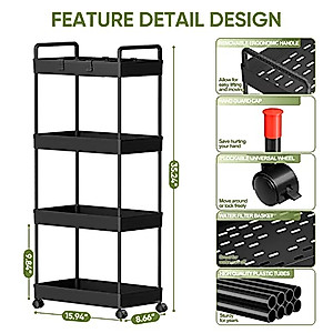 Mosxoed Slim Storage Cart Rolling Utility Cart with Wheels 4 Tier Mobile Bathroom Organizer Cart for Laundry Room Kitchen Office Narrow Space with Handle Hanging Cups Dividers, Black, 35" H