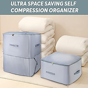 2 Pcs Ultra Space Saving Self Compression Organizer, Comforter Storage Bag, Moving Bag for Comforters, Clothes, Blankets, Bedding, College (X-Large, Gray)