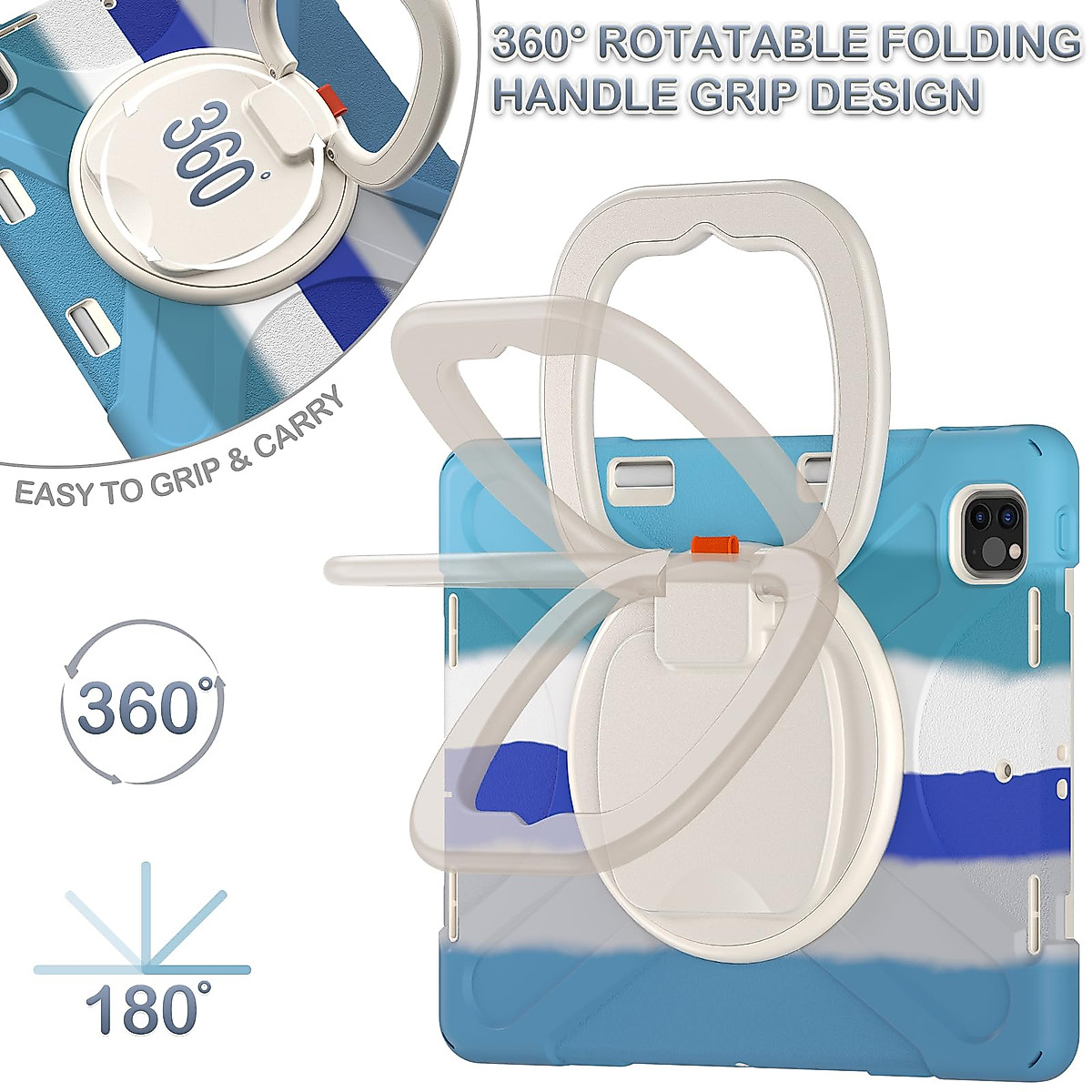 BATYUE iPad Pro 12.9 Case - Protective Case for iPad Pro 12.9-inch 6th/ 5th/ 4th/ 3rd Generation 2022/2021/ 2020/2018, Rugged Cover with Pencil Holder/360° Swivel Stand/Shoulder Strap-Colourful Blue