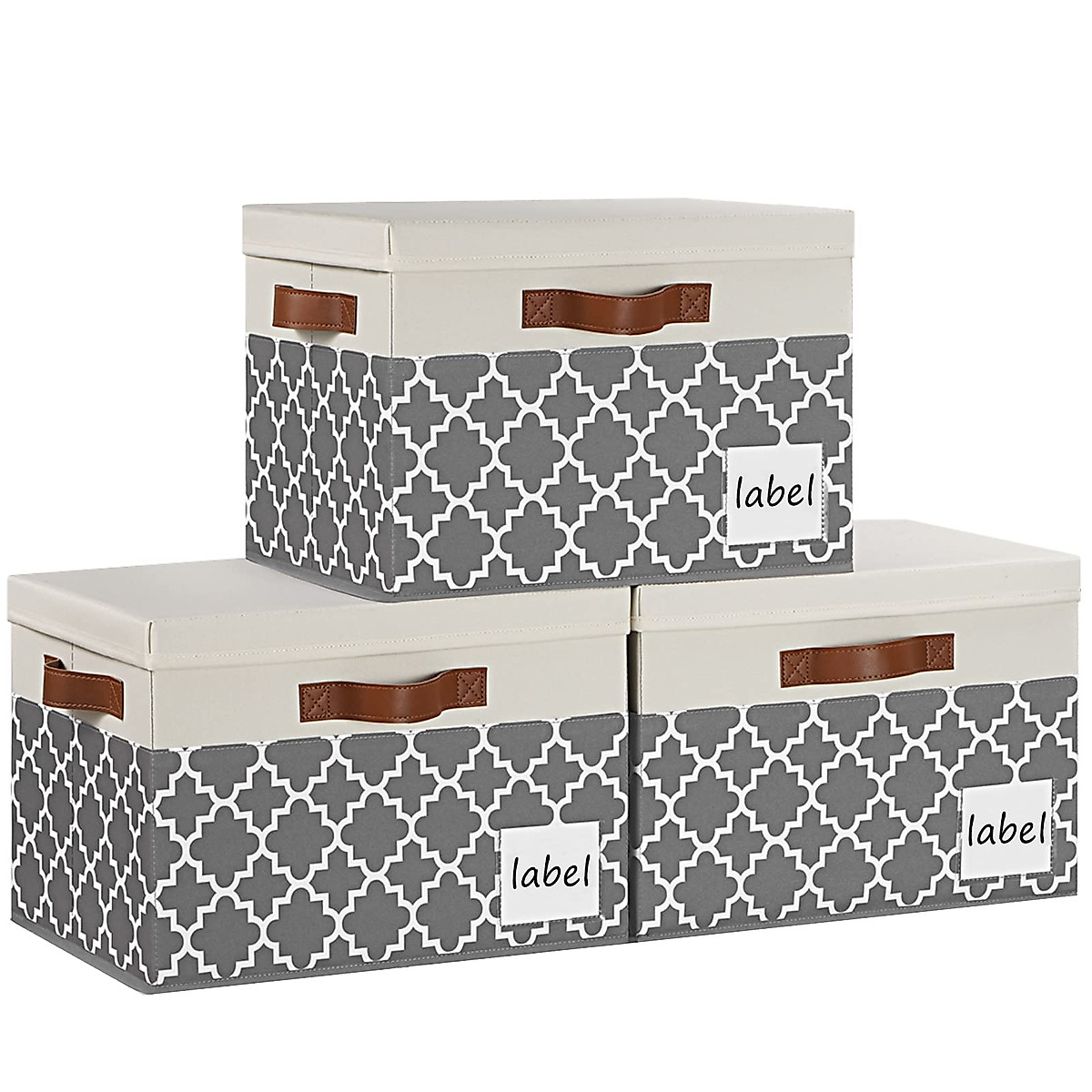 PFFVRP Large Storage Bins with Lids, Foldable Fabric Storage Baskets with Lids, Sturdy Storage Boxes with Labels and 3 PU Handles for Closet Home Bedroom Office (26L, 3 Packs, Grey Plaid&White)