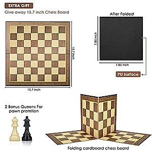 AMEROUS Upgraded Weighted Chess Pieces with 3.0 Inch King / Extra Bonus Folding Portable 15 inch Chess Board / 2 Extra Queens / 2 Storage Bag for Chessmen / Chess Board Game for Beginner