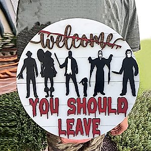 Halloween Horror Welcome Sign for Front Door Wooden Hanging Sign, Halloween Wreath for Front Door Decorations Classics Scary Movie Figures Door Sign, Welcome Home Tag Sign Gift for Farmhouse Party