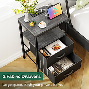 Huuger Nightstand with Charging Station, Side Table with Fabric Drawers, End Table with Open Shelf, Bedside Table with USB Ports and Outlets, Night Stand for Bedroom, Charcoal Gray