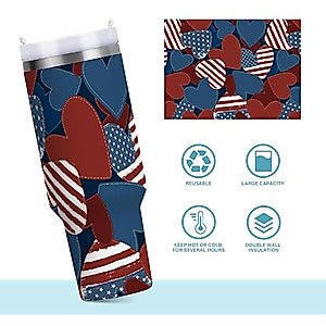 MCHIVER American Flag Heart 40 oz Tumbler with Handle and Straw Stainless Steel Vacuum Water Bottle Leak-proof Travel Coffee Mug Insulated Tumbler for Office Home Car
