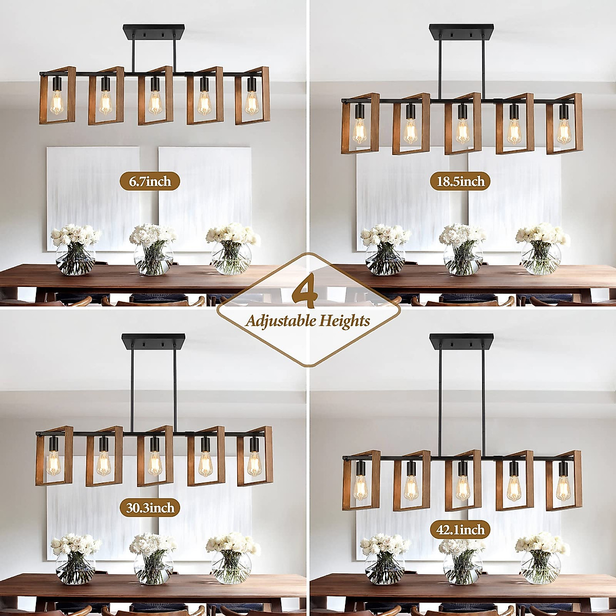 53’’ Farmhouse Kitchen Island Lighting, 5-Light Adjustable Dining Room Light Fixtures, Rustic Wood Chandeliers Black Hanging Light Fixtures for Kitchen, Pool Table Lights, Bulbs Not Included
