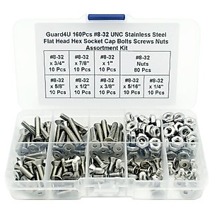 Guard4U 160Pcs #8-32 UNC 304-Stainless Steel Flat Head Countersunk Hex Socket Cap Bolts Screws Nuts Assortment Kit- #8-32x 1/4" 5/16" 3/8" 1/2" 5/8" 3/4" 7/8" 1"