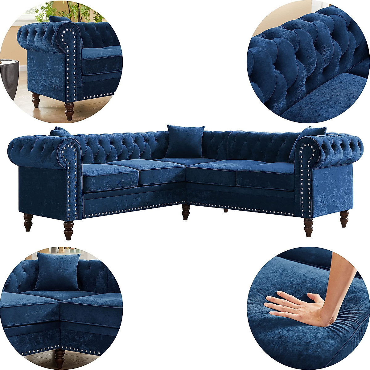 Eafurn 80” L Shaped Chesterfield Sectional, Deep Button Tufted Upholstered Corner Rolled Arm and Nailhead,Classic Symmetrical Sofa & Couches with 3 Pillows,Solid Wood Gourd Legs, Blue