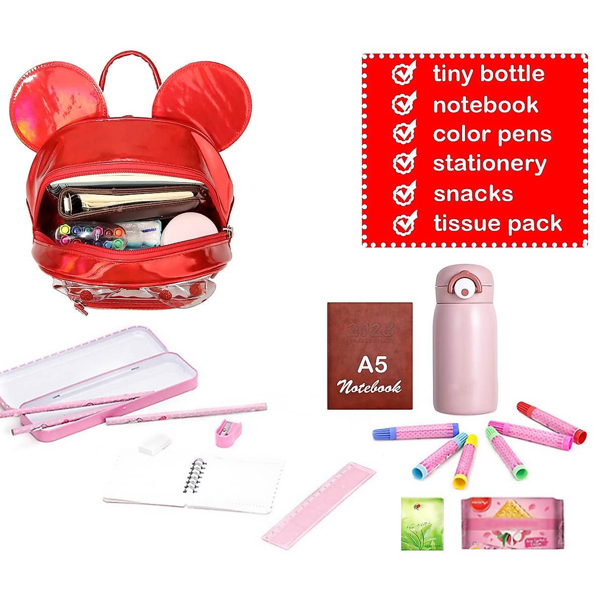 Little Girls Mini Clear Backpack Cute Ears with Glitter Polka Dots Bow Transparent Daypack See-thru Backpack (Pink)