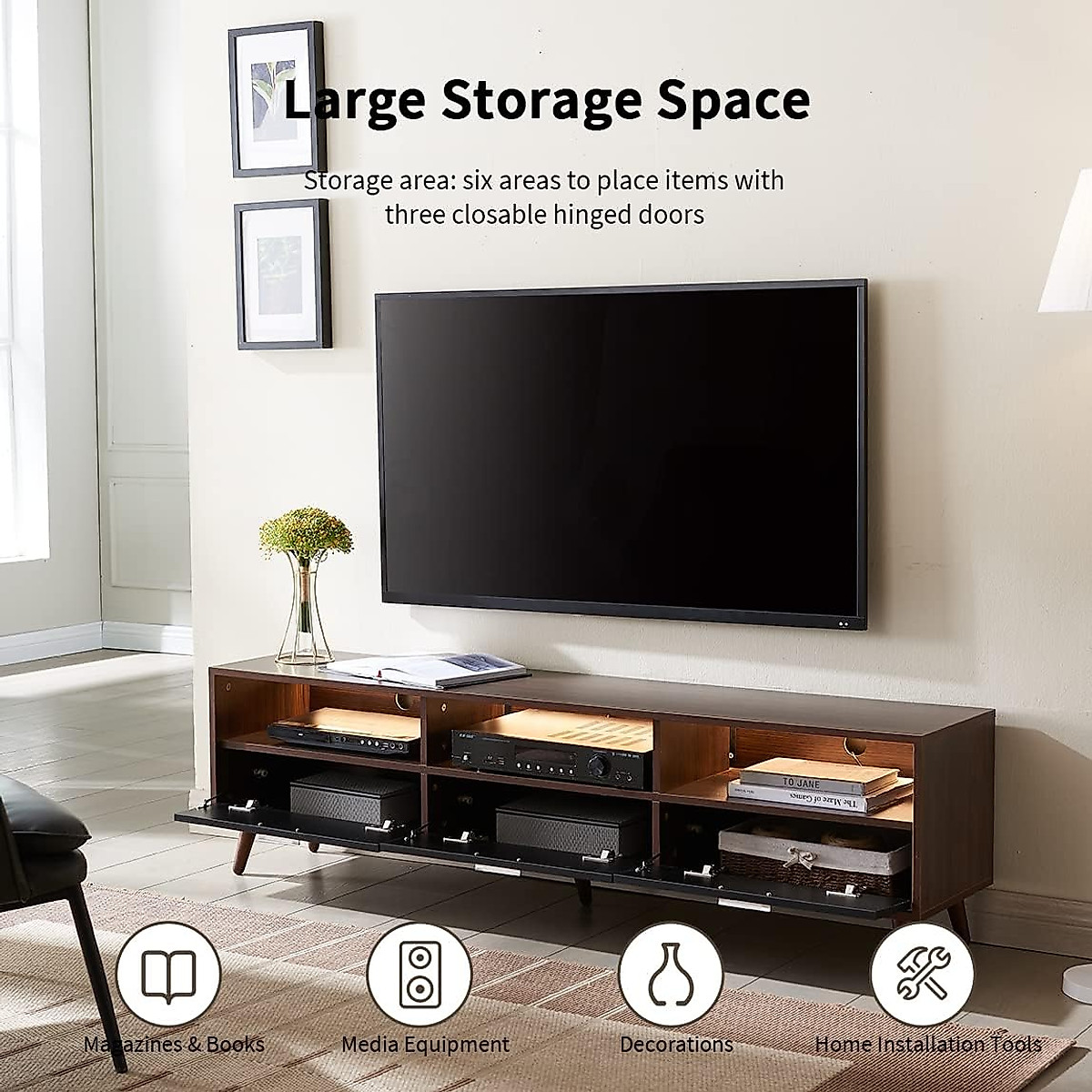 LED TV Cabinet TV Stand, 63 inch Media Console with LED Light, Entertainment Center, for TV up to 70 inch, Storage Cabinet TV Console for Living Room, Walnut Color