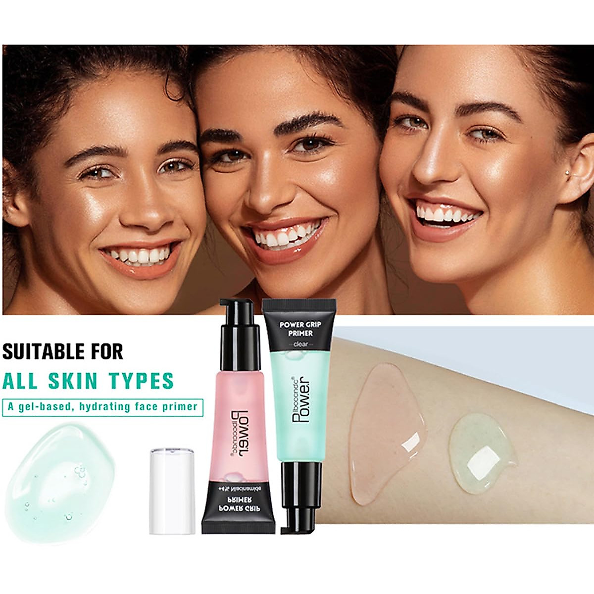 2 Pcs Power Grip Primer for Face Foundation,Hydrating Base Face Primer Gel Long-Wear Primer Foundation Face Moisturizes Makeup for Oily and Dry Skin (Evens Skin Tone+Hydrates Skin)