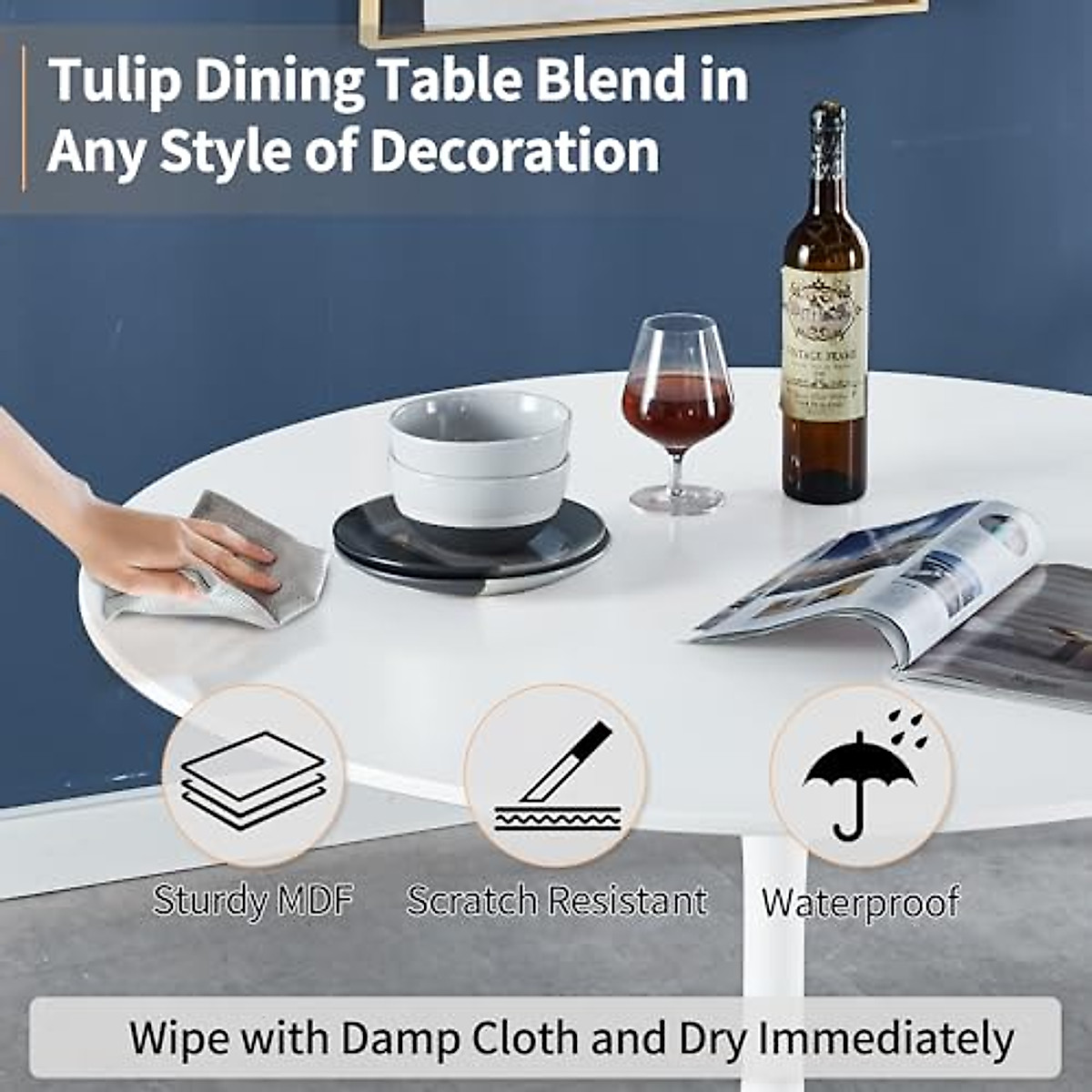 ANDORON Round Dining Table, 42 Inches Kitchen Tulip Table for 4-6 People with MDF Top and Metal Base, Modern Circle End Table Leisure Coffee Side Table (White, 42")