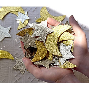 Cute Small Gold Silver Star Moon Garlands Glitter Twinkle Star Garlands Streamer for Kids Birthday/Bday Party Baby Shower Wedding Anniversary Engagement Graduation Gold Silver Party Decorations