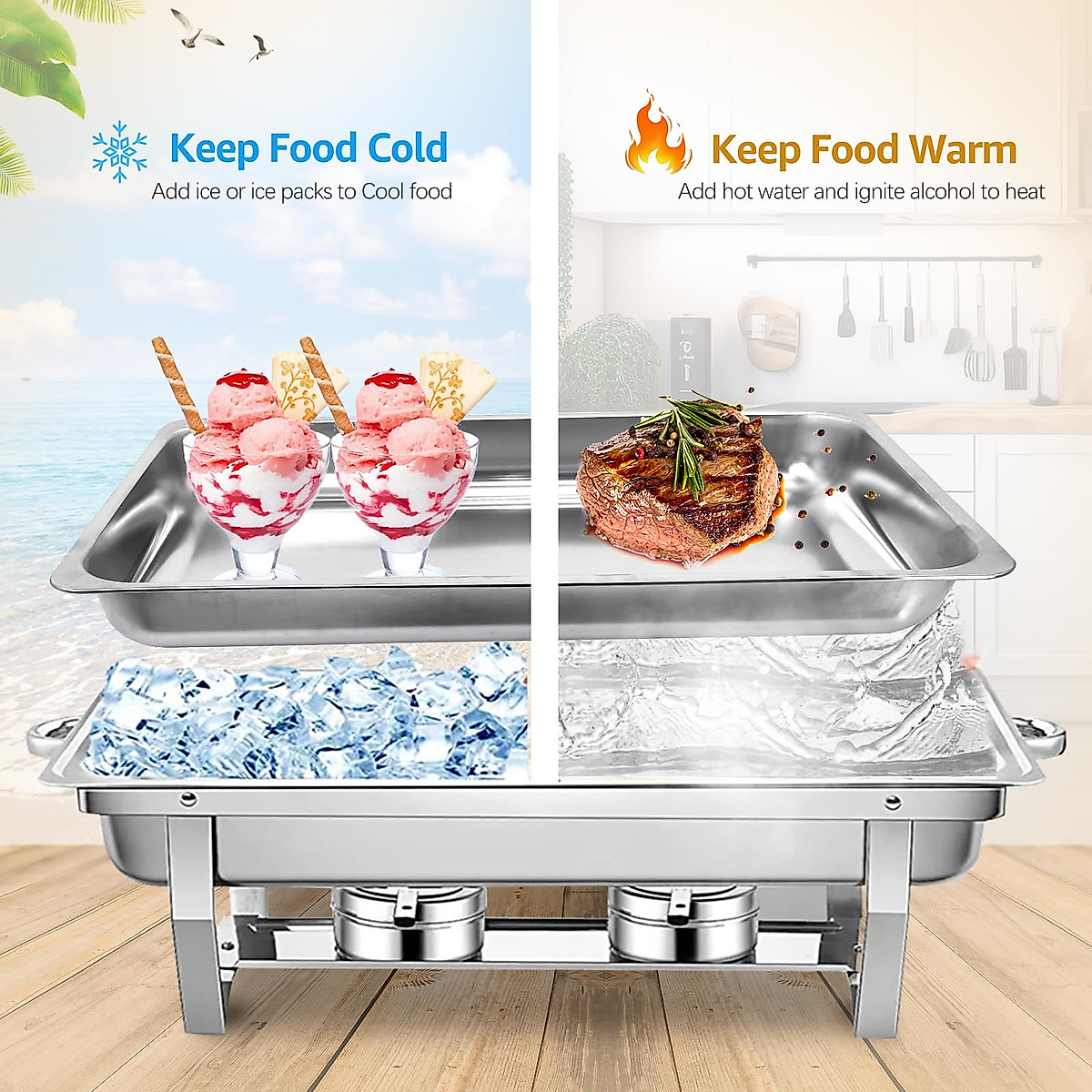 JSTUOKE 4 Pack Chafing Dish Buffet Set, 8QT Stainless Steel Rectangular Chafers and Buffet Warmer Sets for Catering, with Food & Water Pan, Lid, Foldable Frame, Fuel Holder for Event Party Holiday