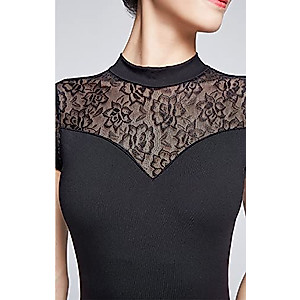 YCMI Women-Dance-Leotards-Lace-Turtleneck-Ballet-Bodysuit-Short-Sleeve-Dance-Gymnastics-Yoga-Leotards