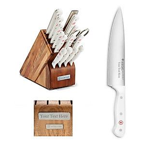 Wusthof Gourmet - 16 Pc. Knife Block Set - White Handles - Personalized Engraving of Chef's Knife and Brushed Stainless Steel Faceplate for Block Available
