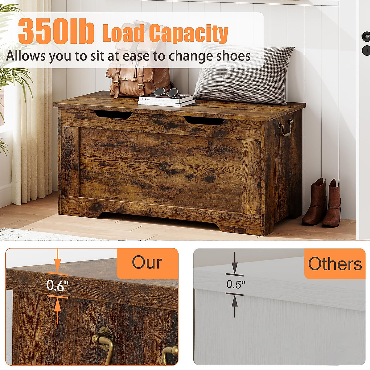 IDEALHOUSE Storage Chest, 39.4" Toy Chest for Boys Girls, Kids Wood Large Toy Box, Storage Bench with Safety Hinge,Storage Trunk for Entryway, Living Room, Bedroom, Playroom, Rustic Brown