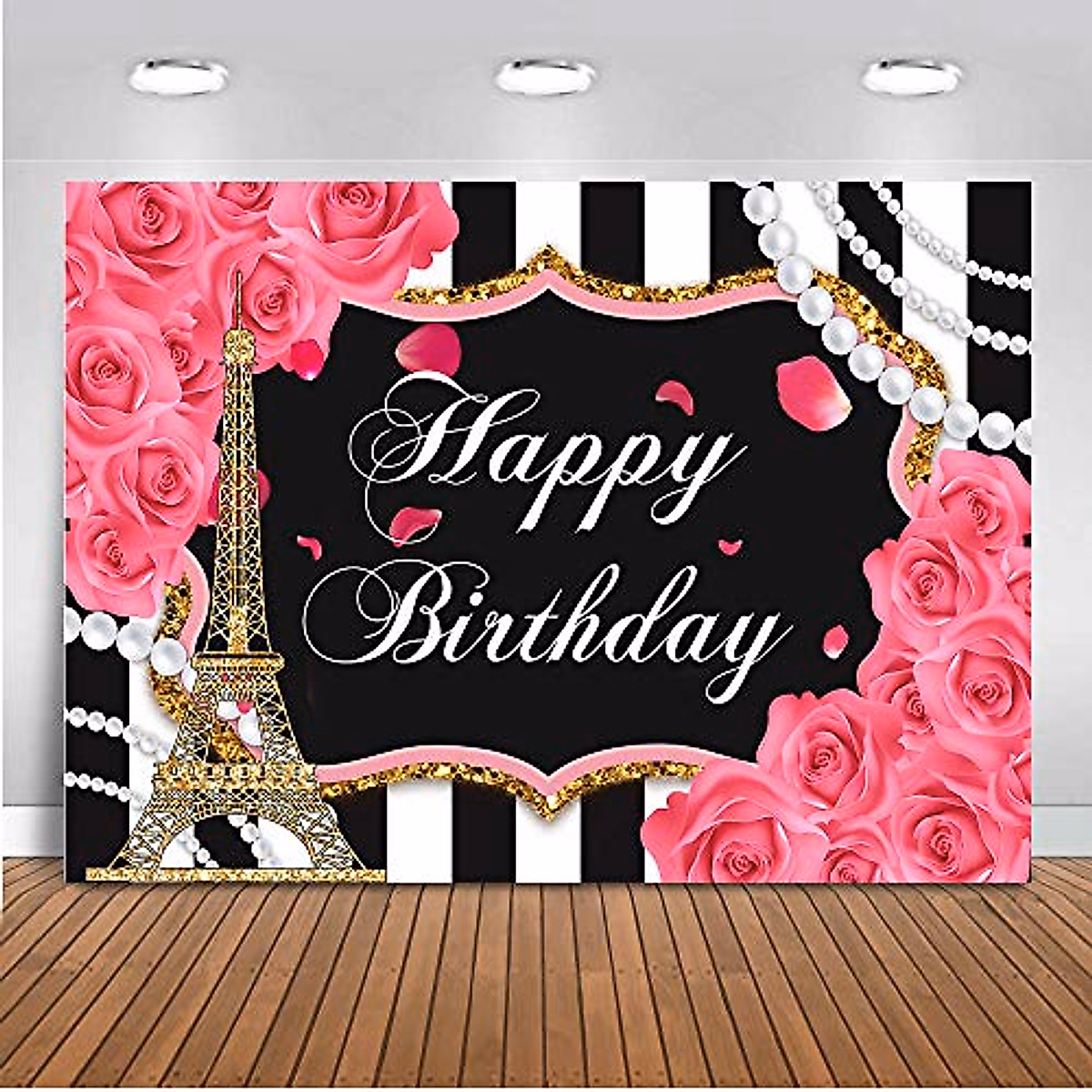 Mocsicka Paris Birthday Backdrop 7x5ft Black White Stripe Pink Rose Effel Tower Happy Birthday Photo Booth Backdrops Sweet 16th Photography Studio Background