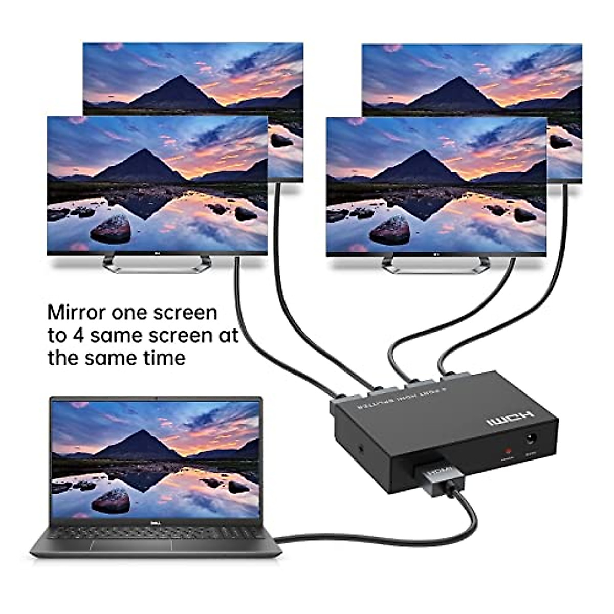 4K HDMI Splitter 1 in 4 Out 【with 5ft Cable】, Yinker 4 Way HDMI Splitter 1x4 4Kx2K@30Hz w/AC Adapter, Mirror Duplicate for PS4 Fire Stick HDTV