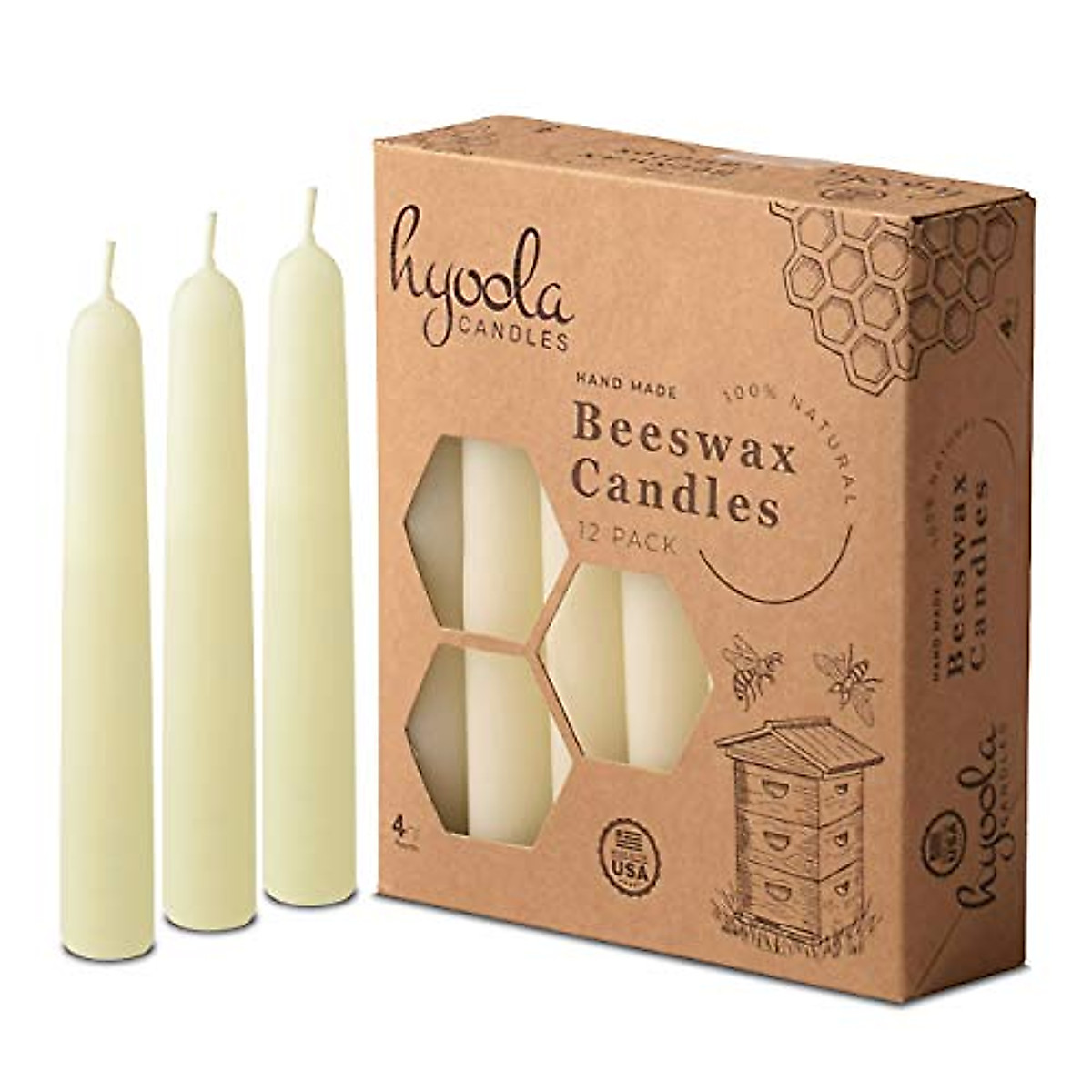 Hyoola White Beeswax Taper Candles – Hand Dipped, Decorative, All Natural, 100% Pure Scented Bee Wax Candle - 12 Pack - 4 Hour Burn Time