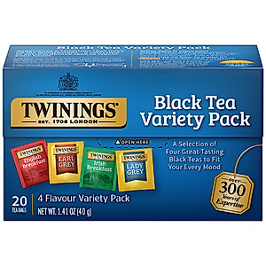 Twinings Black Tea Variety Pack with Earl Grey Tea, English Breakfast Tea, Irish Breakfast Tea, and Lady Grey Tea Bags, Individually Wrapped, 20 Count Ea (Pack of 3)