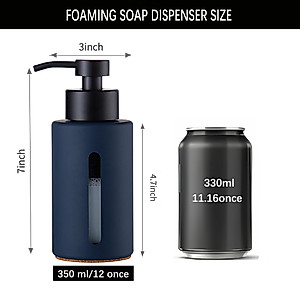 Enra Foaming Soap Dispenser with Window,12oz Blue Kitchen Soap Dispenser with Stainless Steel Hand Pump, Foam Modern Glass Refillable Bottle for Bathroom Kitchen (Blue Foam Dispenser)