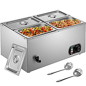 Commercial Food Warmer Bain Marie, 110V 4-Pan Stainless Steel Steam Table with 14.8 Qt Capacity and Precise Temperature Control