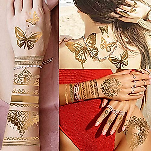Bilizar 9 Sheets 110+ Designs Flash Gold Temporary Tattoos Metallic For Women Adult, Girl Golden Lion Festival Sun Moon Star Butterfly Glitter Tattoo Sticker, Fake Tattoos That Look Real and Last Long