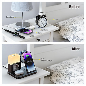 CESDAP C3 Pro Foldable 6 in 1 Charging Station for Multiple Devices with Alarm Clock Light 18W Charger for iPhone 15/14/13/12/11 for Apple Watch Charger for AirPods 3/2/Pro Gift for Women Men Dad Mom