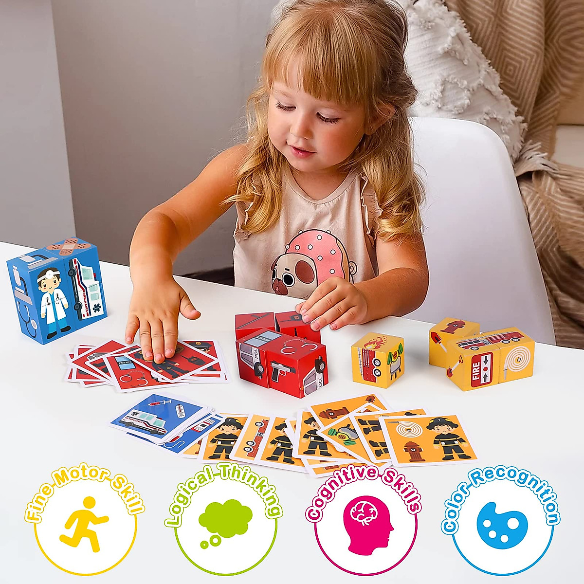 Atoylink 6 in 1 Educational Toys for 2 3 4 5 Year Old Kids Toddlers Wooden Cube Puzzles Occupations Pretend Play Matching Blocks Preschool Montessori Toys for Boys Girls Gifts - 12pcs