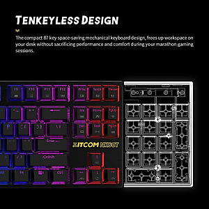 Gaming Keyboard Mechanical 87 Key Silent Red Switch, KITCOM TKL RGB NKRO Backlit Per Key Double-Shot ABS keycaps Programmable Macro Detachable Type-C Quiet Wired Keyboard for Windows Laptop PC NK60T