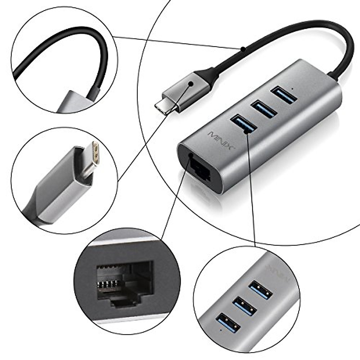 MINIX NEO-C-UEGR, Aluminium USB-C to 3-Port USB 3.0 and Gigabit Ethernet Adapter - for Windows, Mac and Chrome OS, Grey