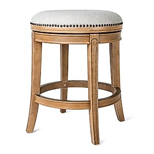 Maven Lane Alexander 26 Inch Tall Counter Height Rotating Backless Barstool in Weathered Oak Finish with Sand Color Fabric Upholstered Seat