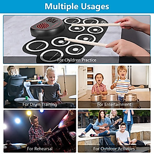 KOCASO Electric Drum Pad Foldable 10-Drum Silicon Drum Kit Dual-Pedal Foldable Electronic Drum Set Machine with Drum 2 Sticks Headphone Jack Speaker for Kids, Beginners