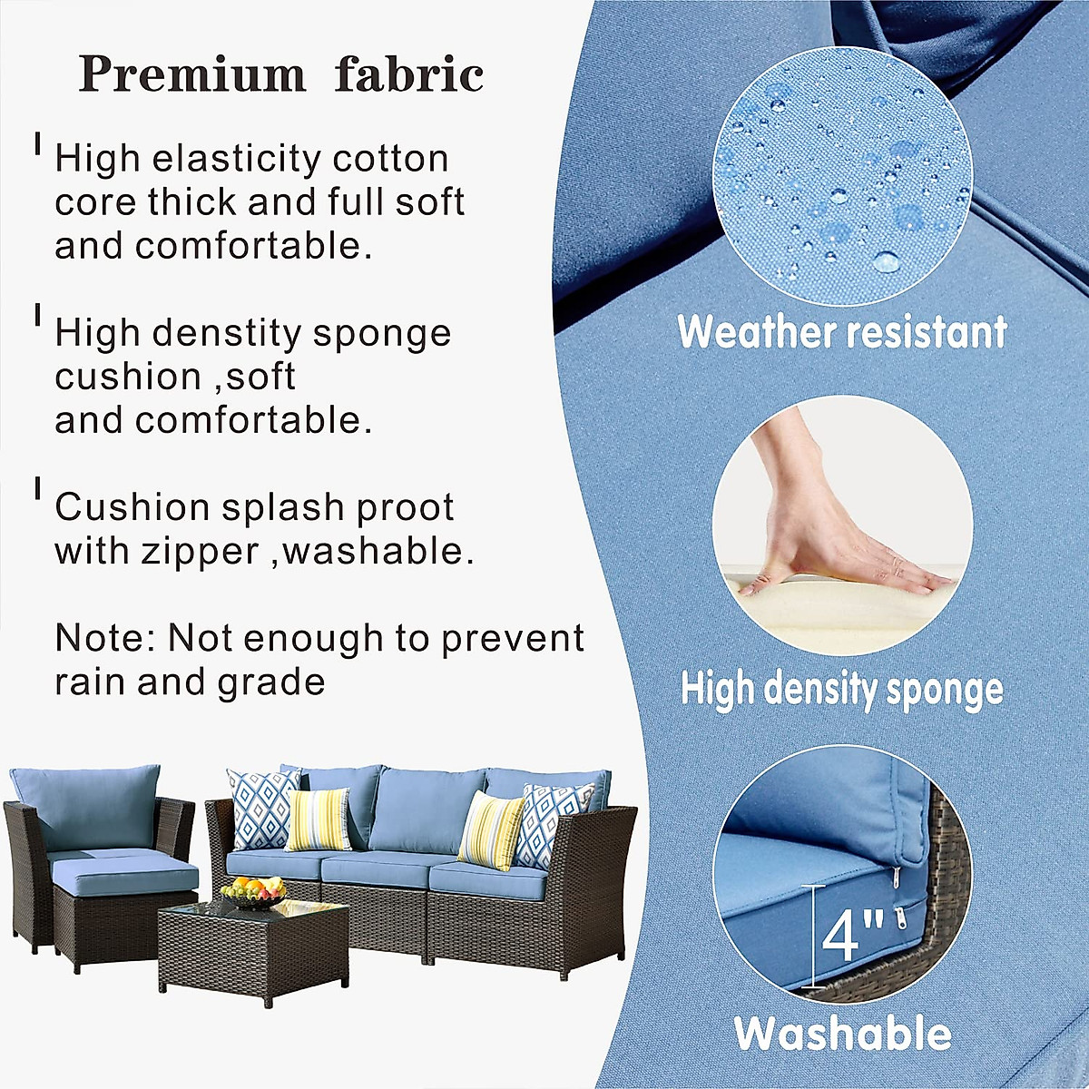 ovios Patio Furniture Set 6 Piece Fully Assembled Outdoor Furniture Conversation Set All Weather High Back Sofa Rattan Wicker Sectional Sofa Set for Yard Deck Porch (Blue)