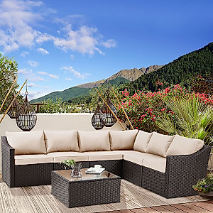 EROMMY 7 Pieces Outdoor Patio Furniture Set, Sectional PE Rattan Conversation Set, Sofa Set with Glass Table, Cushions and Pillows, Patio Sofa for Garden, Lawn, Balcony