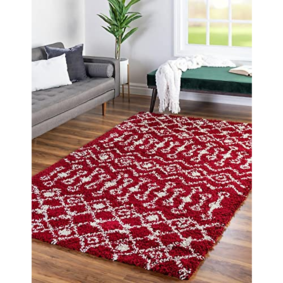 Unique Loom Moroccan Trellis Shag Collection Area Rug - Meknes (10' 8" x 14' Rectangle, Burgundy Red/Ivory)